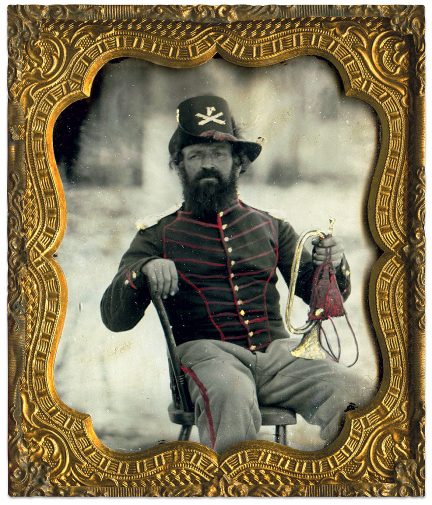 Civil War Union soldiers pictured with bugles and trumpets.