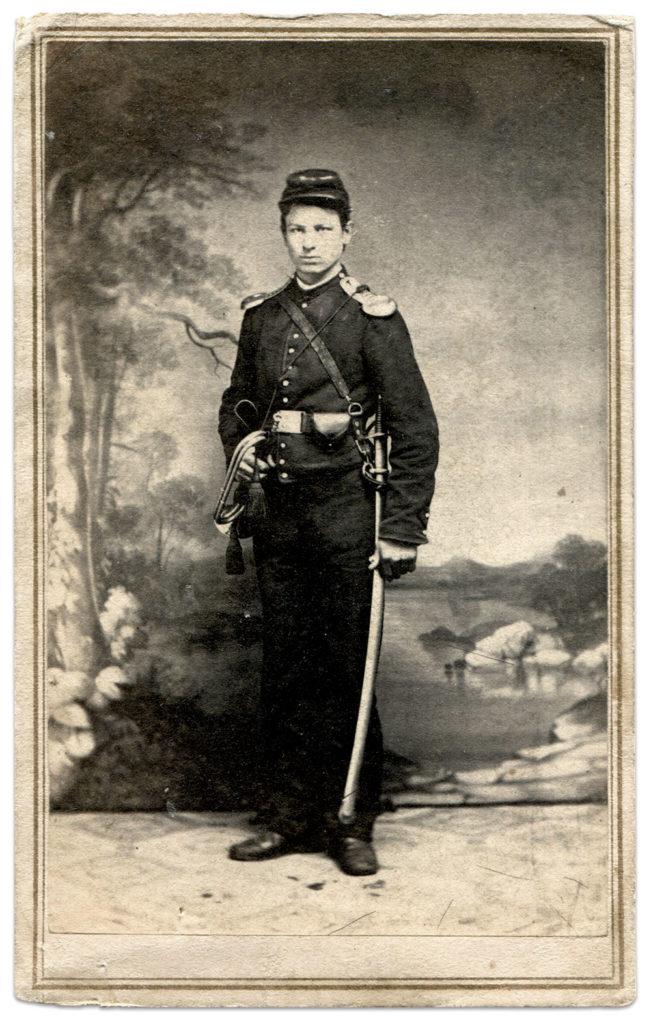 Civil War Union soldiers pictured with bugles and trumpets.