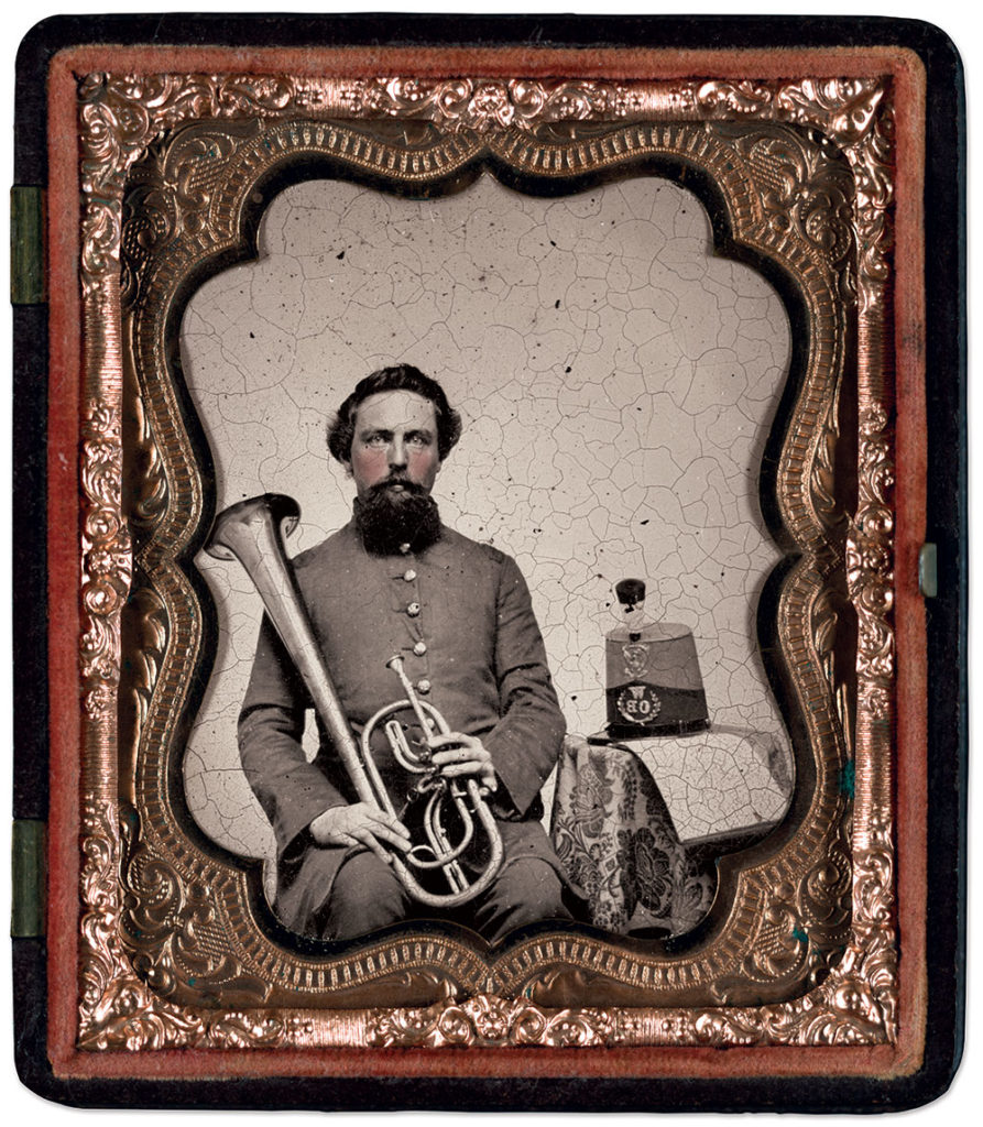 Civil War bandsmen pictured with cornets and saxhorns.