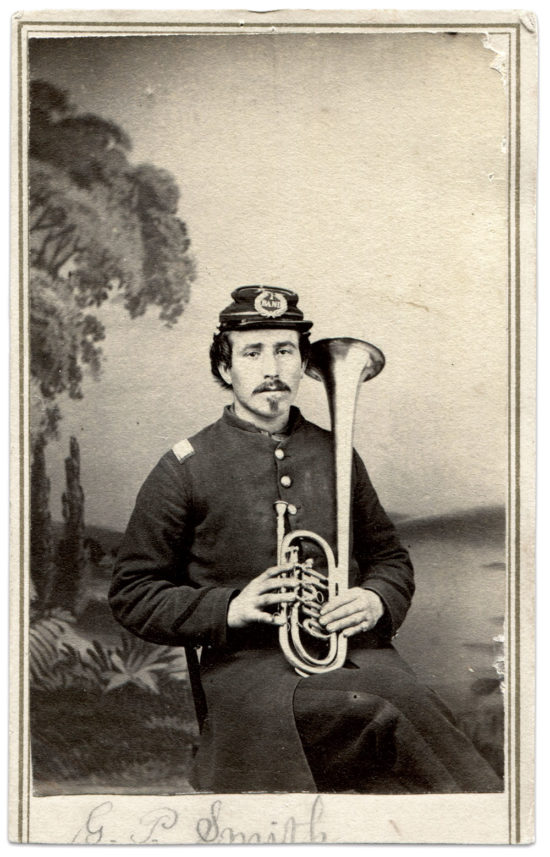 Civil War bandsmen pictured with cornets and saxhorns.