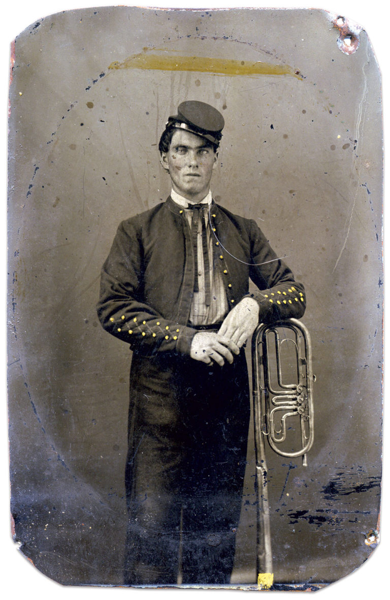Civil War bandsmen pictured with cornets and saxhorns.