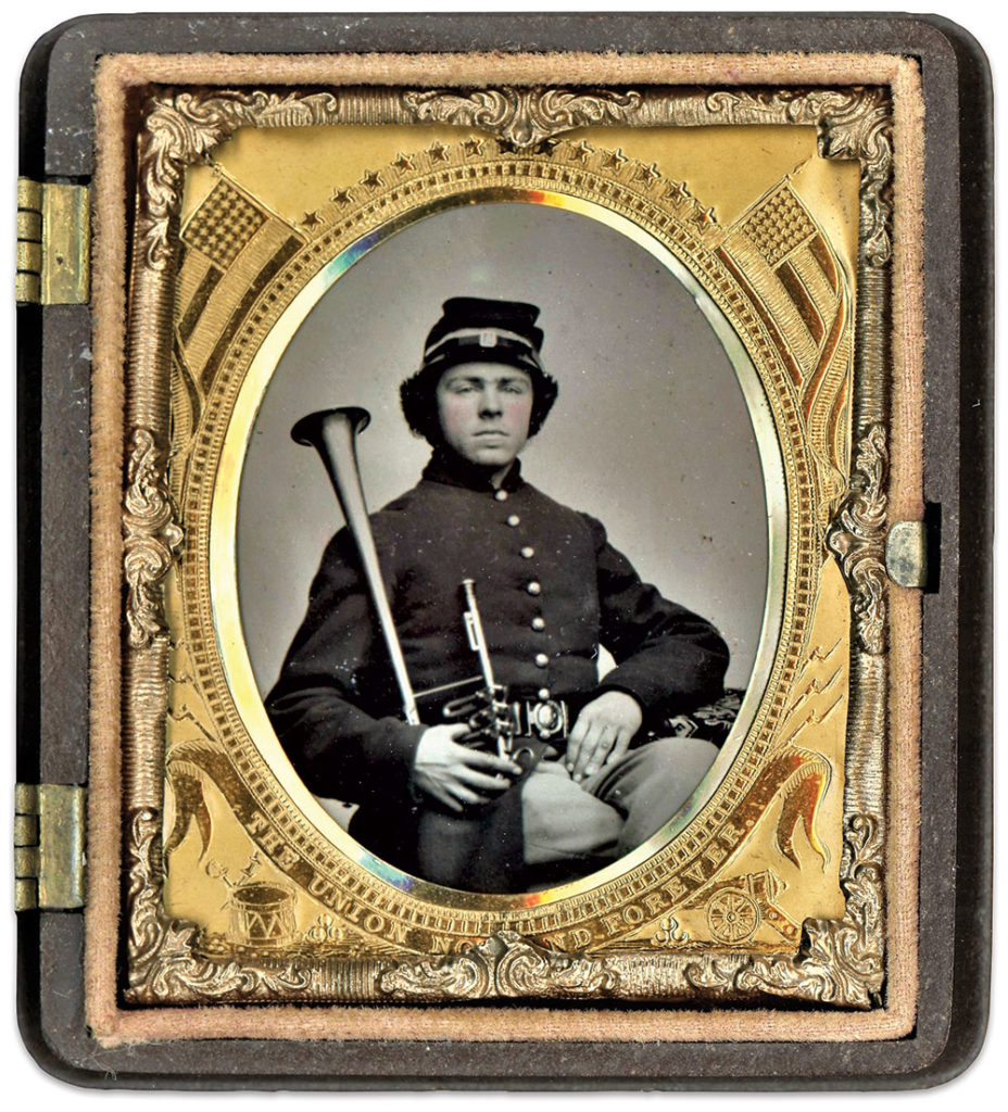 Civil War bandsmen pictured with cornets and saxhorns.