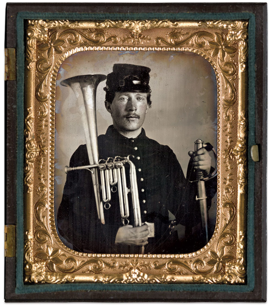 Civil War bandsmen pictured with cornets and saxhorns.