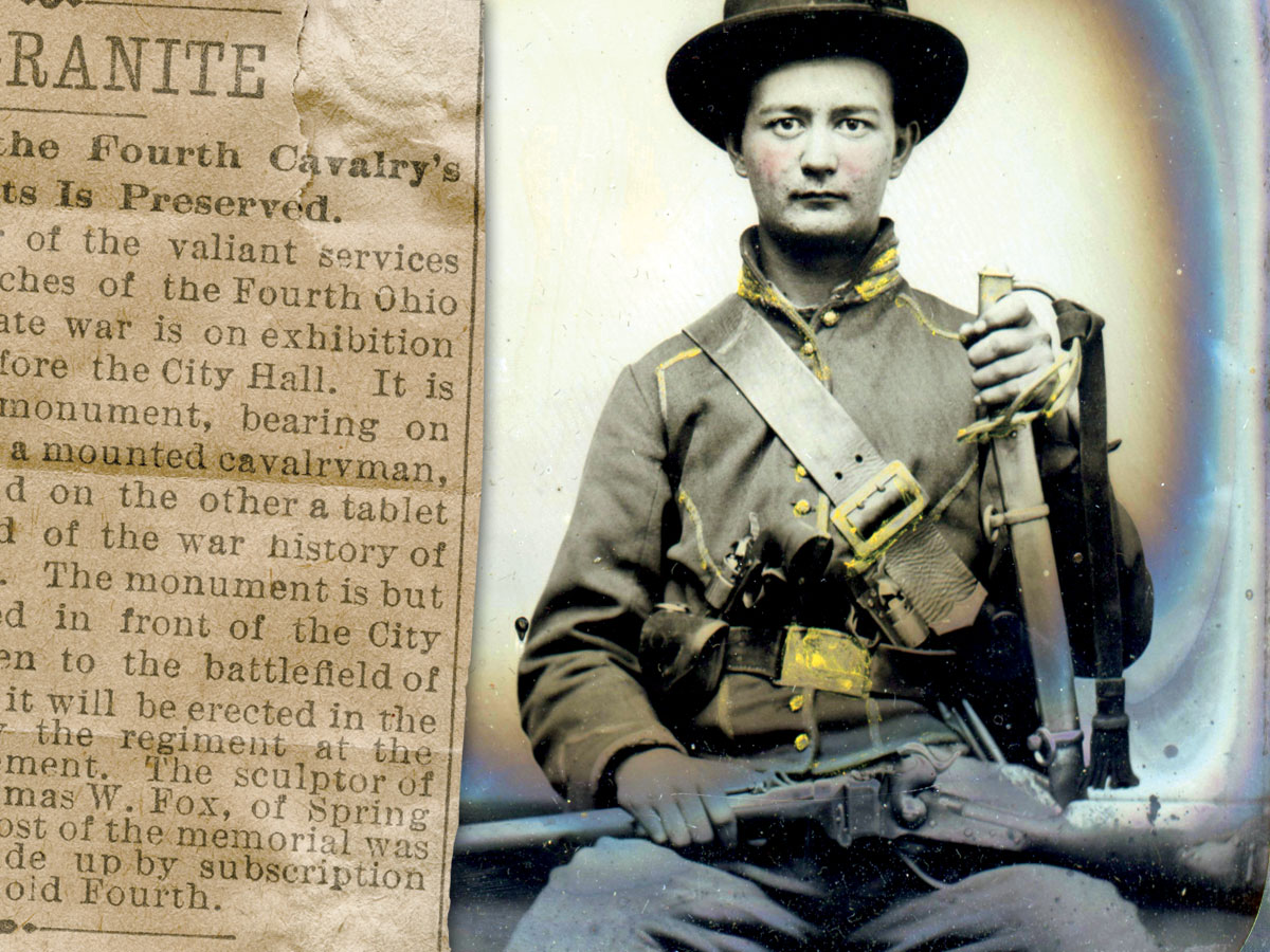 Photo of a 4th Ohio Cavalry trooper with his weapons of war.